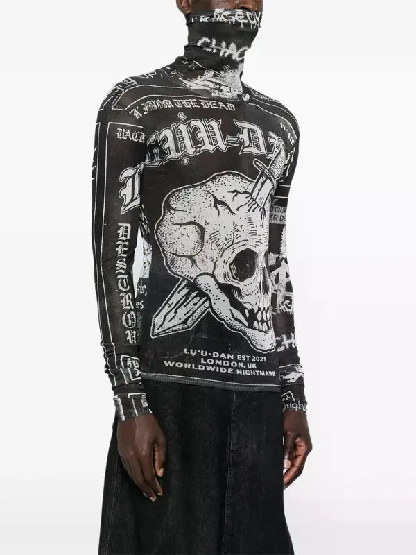 LỰU ĐẠN Skull Print Long Sleeve Mesh Top