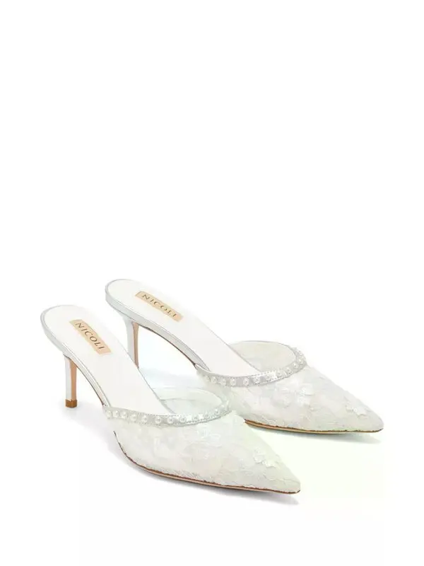 NICOLI Lace Mules With Pearl Embellishments - Silver