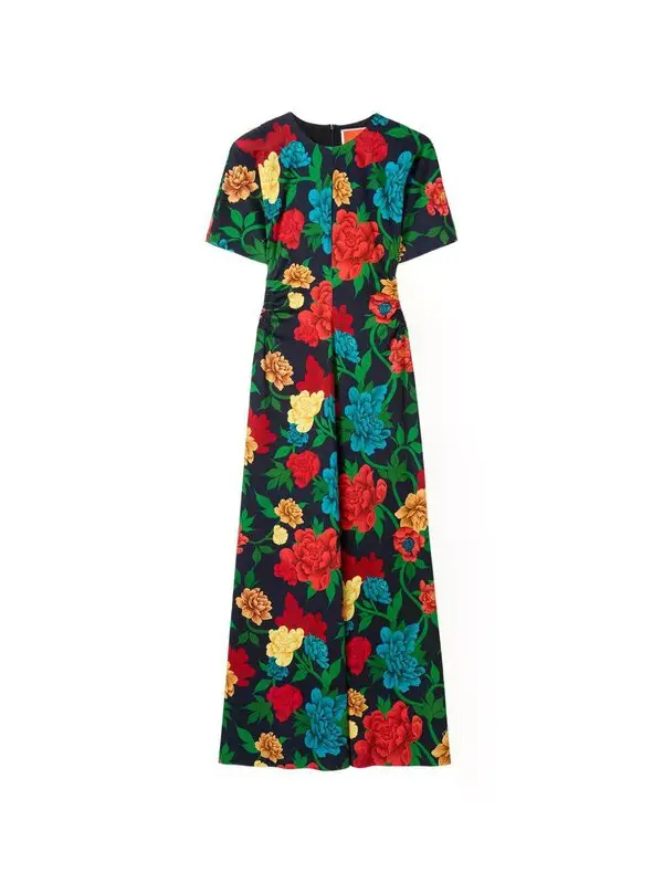 La DoubleJ Floral Ruched Punto Milano Dress - Blue