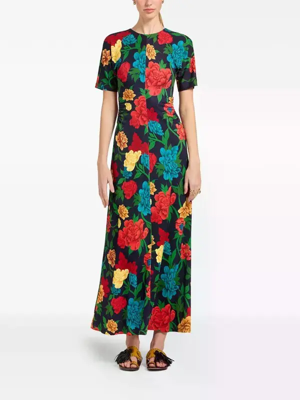 La DoubleJ Floral Ruched Punto Milano Dress - Blue
