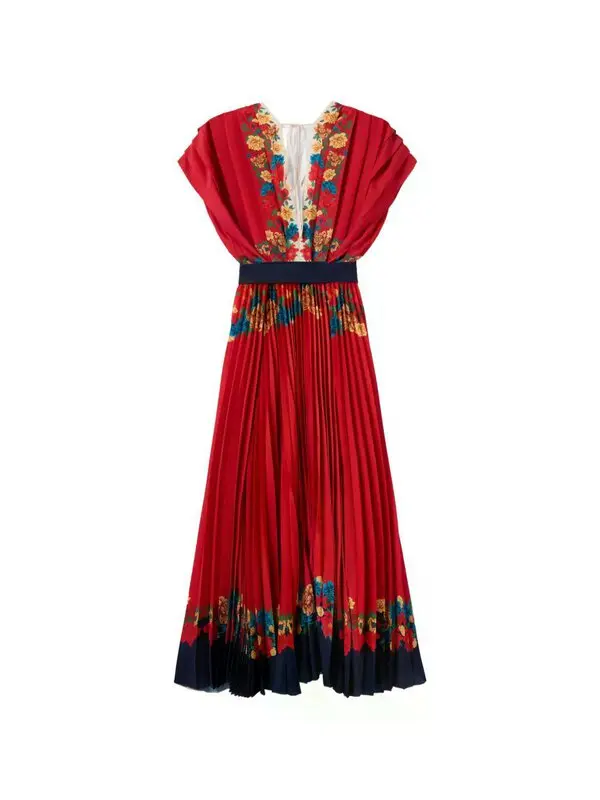 La DoubleJ Floral Print Pleated Midi Dress - Red