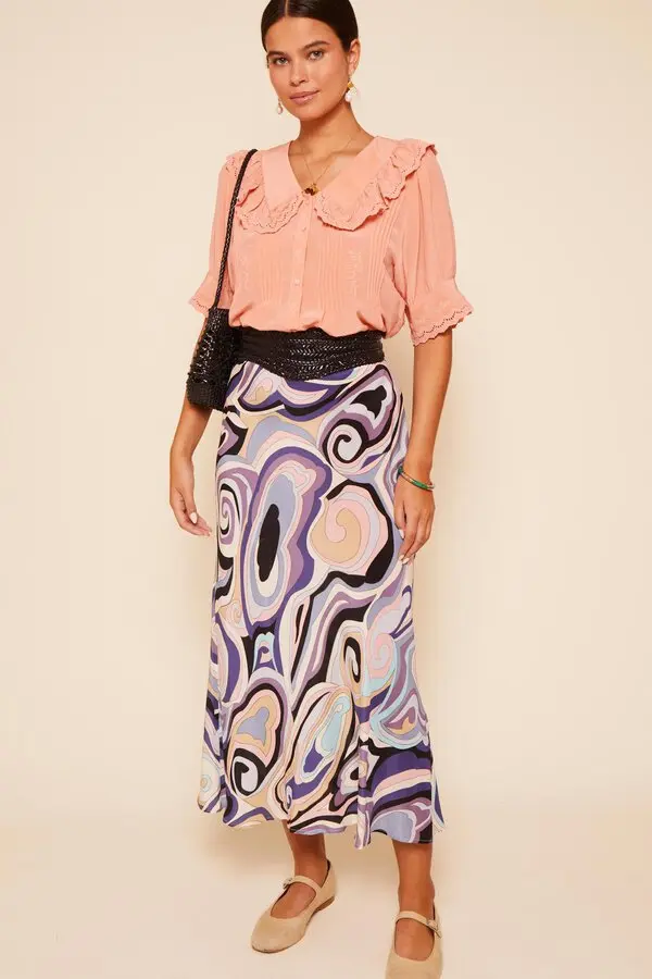 Rixo Kelly Marble Ocean Printed Silk Midi Skirt