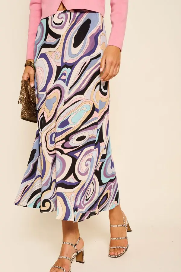 Rixo Kelly Marble Ocean Printed Silk Midi Skirt