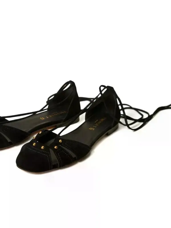 TWINSET Suede Mules With Ankle Ties And Gold-tone Studs - Black