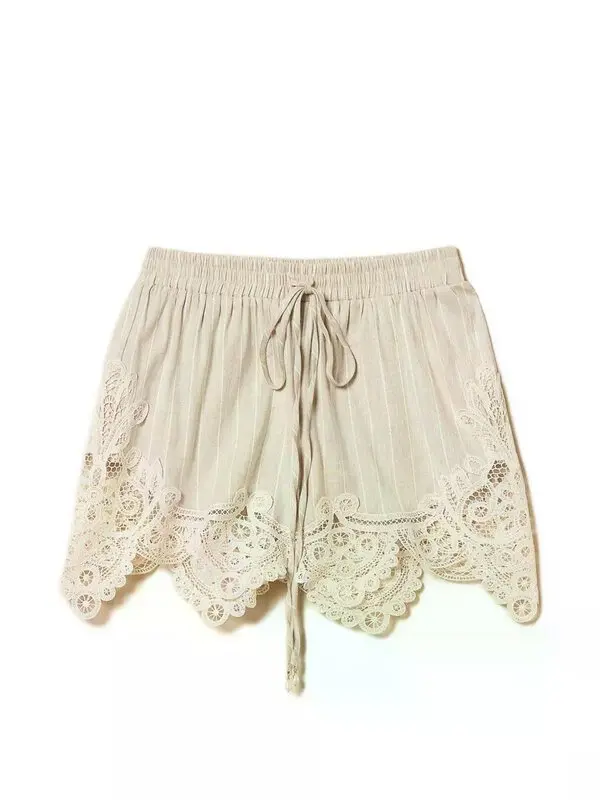 TWINSET Linen Blend Jacquard Shorts With Lace Hem - Neutrals