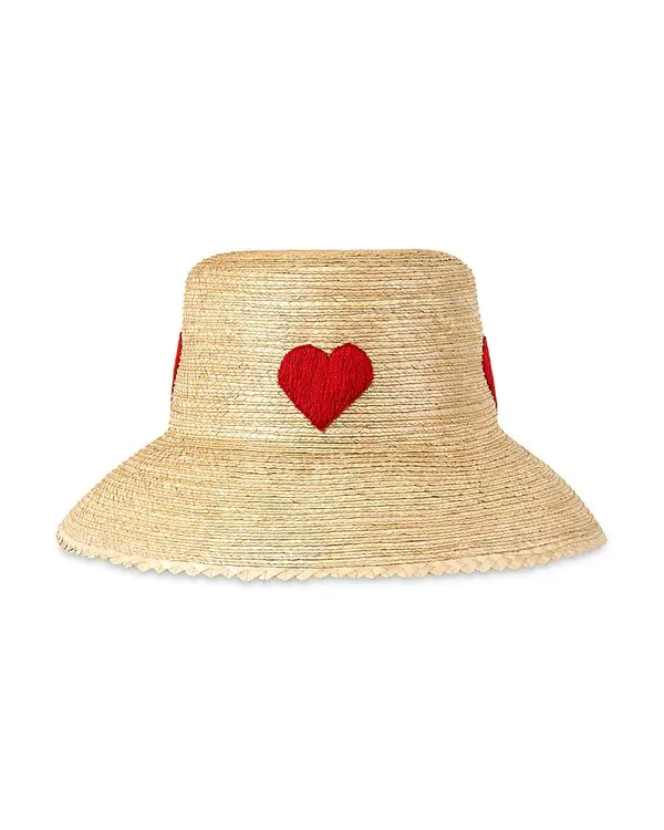 SUNSHINE TIENDA Heart Palm Straw Bucket Hat - Red