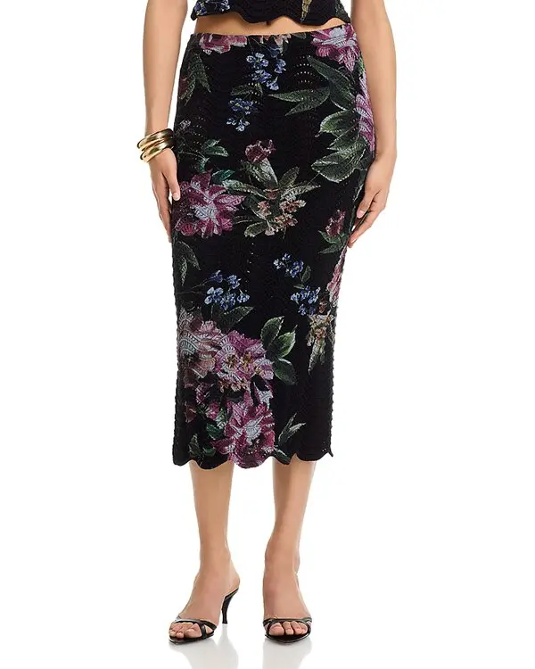 Aqua Floral Sweater Knit Midi Skirt