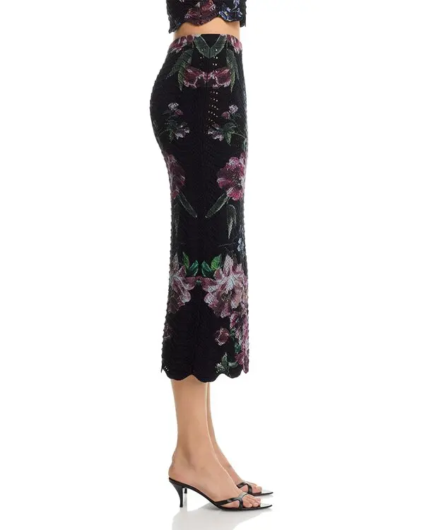 Aqua Floral Sweater Knit Midi Skirt