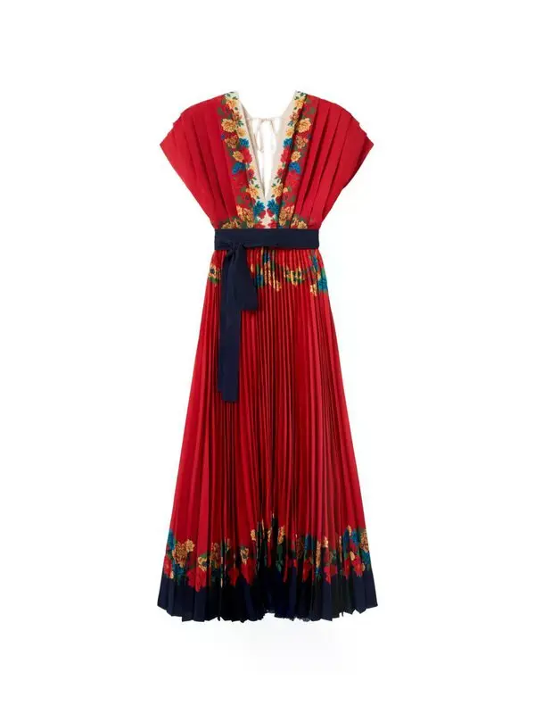 La DoubleJ Floral Print Pleated Dress - Red