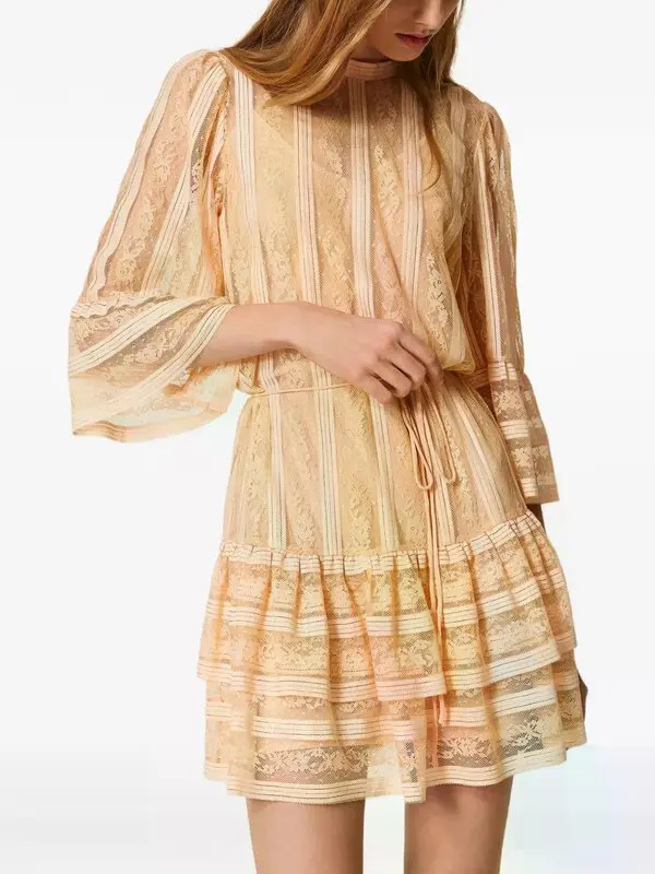 TWINSET Short Striped Lace Dress With Belt