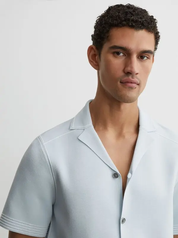 REISS Wandsworth Stitch-detail Cuban-collar Knit Shirt - Soft Blue