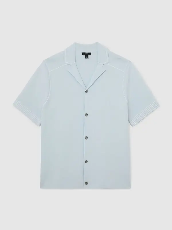 REISS Wandsworth Stitch-detail Cuban-collar Knit Shirt - Soft Blue