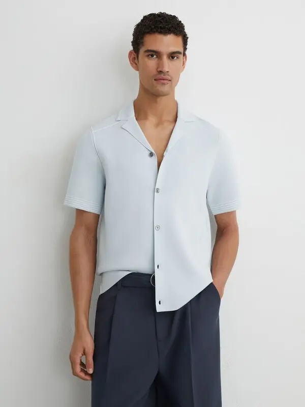 REISS Wandsworth Stitch-detail Cuban-collar Knit Shirt - Soft Blue