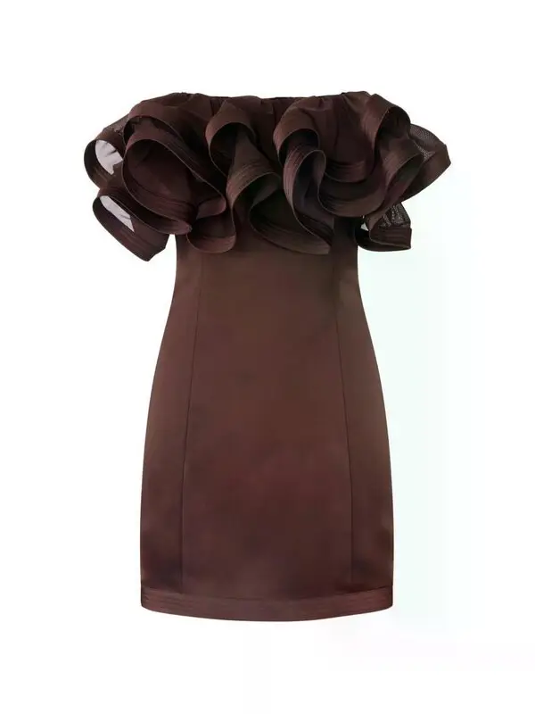Elisabetta Franchi Duchess Satin Mini Dress With Maxi Tulle Ruffles - Brown