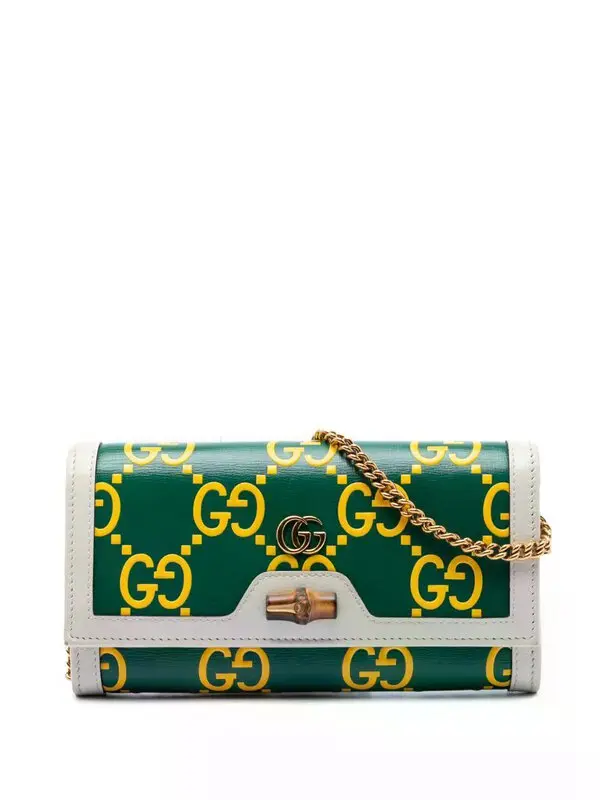 Gucci 2000-2015 Bicolor Debossed Gg Azalea Calfskin Bamboo Diana Wallet On Chain Crossbody Bag - Green