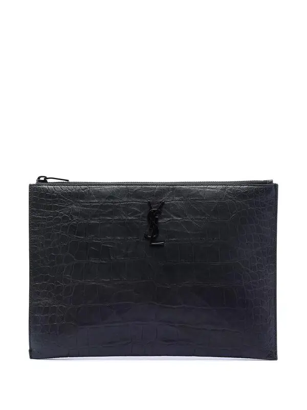 Saint Laurent Croc Embossed Monogram Document Holder - Black
