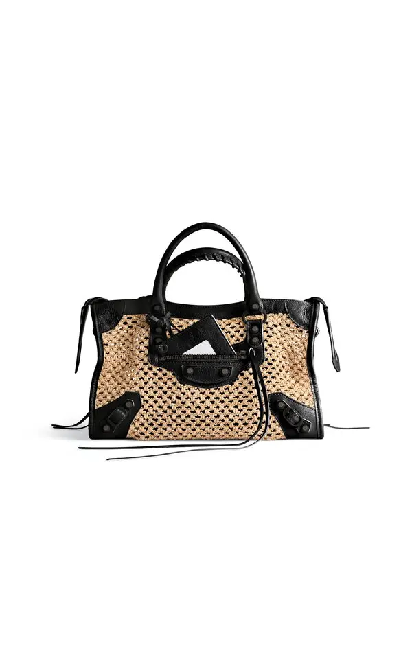 Balenciaga Le City Leather & Raffia Bag - Black