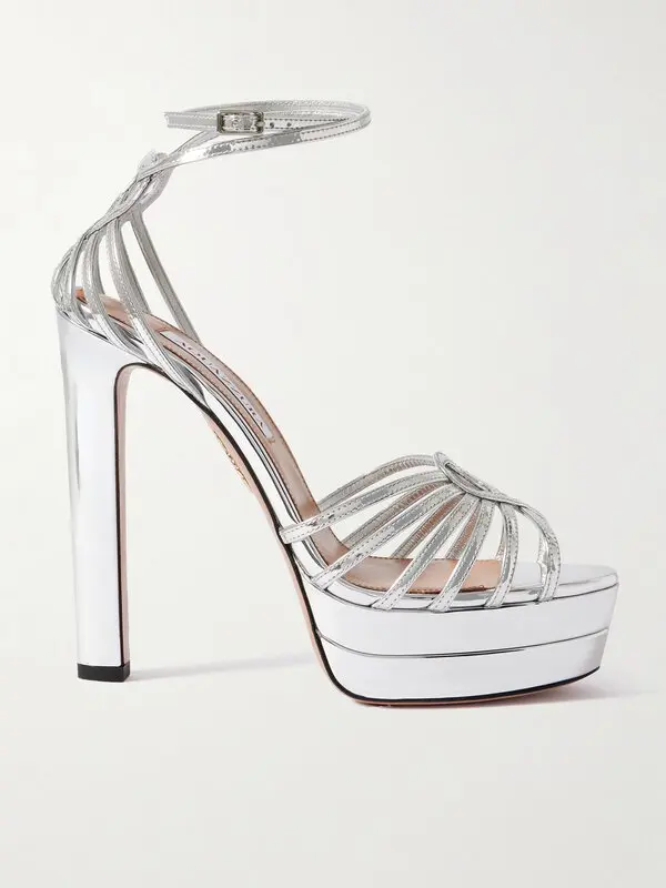 AQUAZZURA Sweetheart 130 Metallic Leather Platform Sandals - Silver