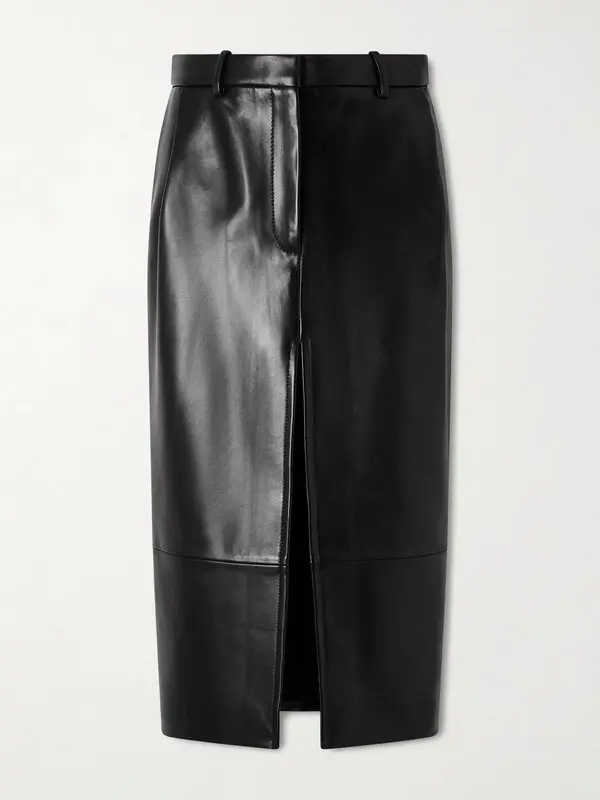 Khaite Anden Paneled Leather Midi Skirt - Black