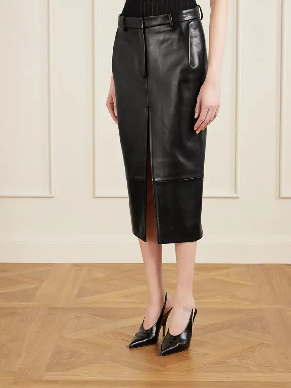 Khaite Anden Paneled Leather Midi Skirt - Black