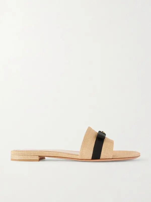 GIANVITO ROSSI Grosgrain-trimmed Raffia Slides