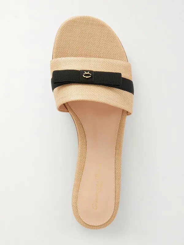 GIANVITO ROSSI Grosgrain-trimmed Raffia Slides