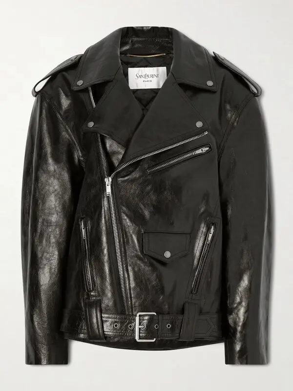 Saint Laurent Glossed Textured-leather Biker Jacket - Black