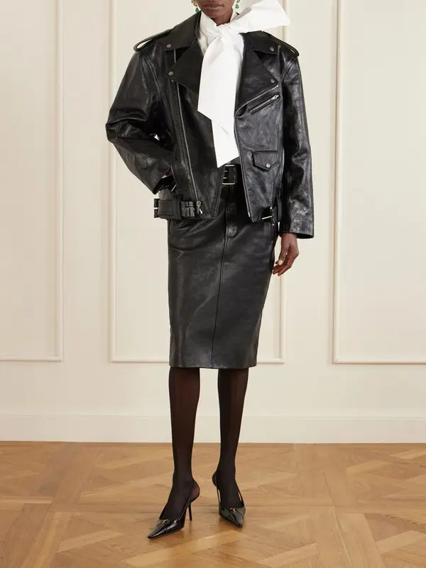 Saint Laurent Glossed Textured-leather Biker Jacket - Black