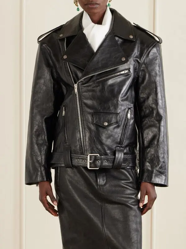 Saint Laurent Glossed Textured-leather Biker Jacket - Black