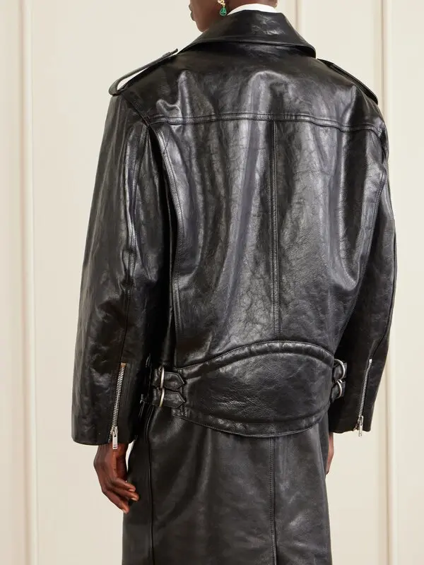 Saint Laurent Glossed Textured-leather Biker Jacket - Black