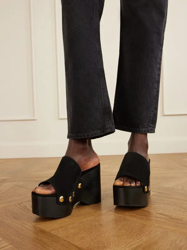 GIANVITO ROSSI Ardea 60 Studded Suede Platform Wedge Mules - Black