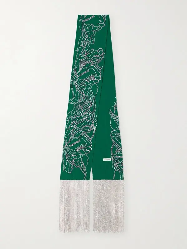 Dries Van Noten Fringed Crystal-embellished Silk Scarf - Green