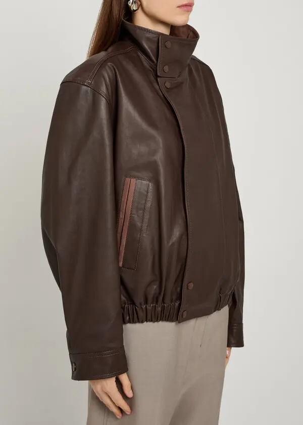 LEMAIRE High-neck Leather Jacket - Chocolate