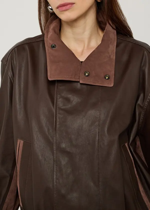 LEMAIRE High-neck Leather Jacket - Chocolate