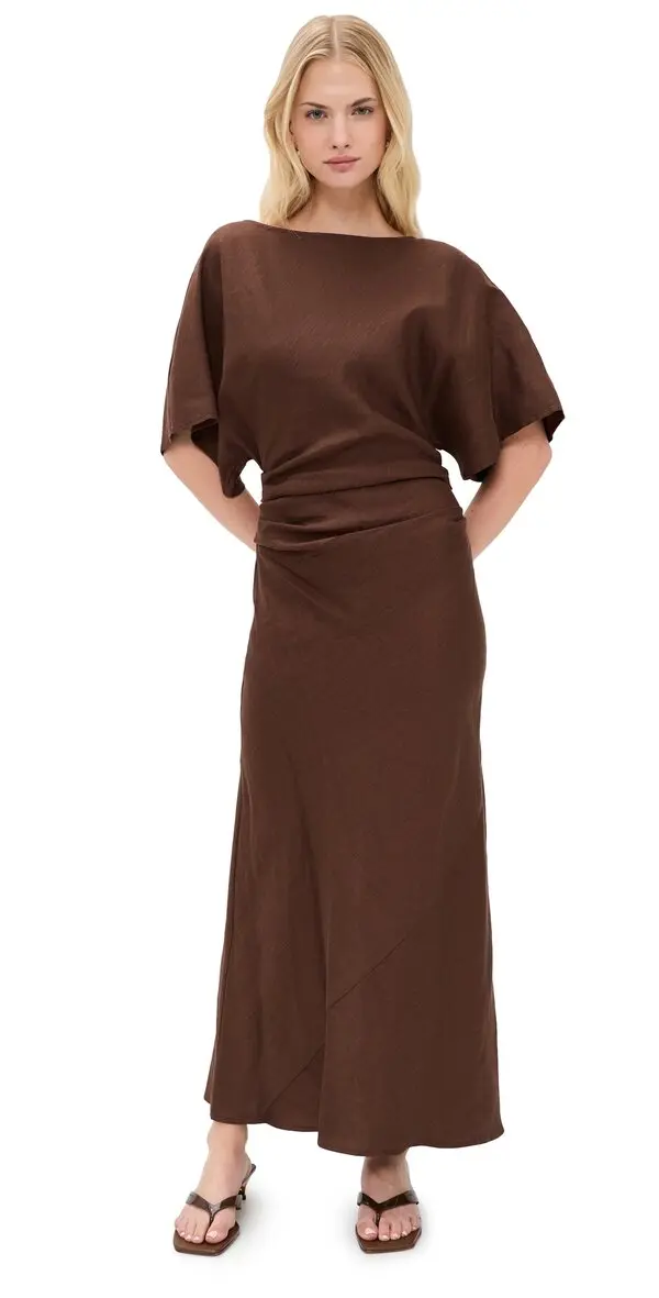 Staud Amelie Linen Midi Dress - Dark Oak