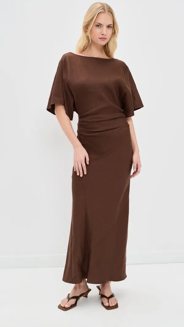 Staud Amelie Linen Midi Dress - Dark Oak