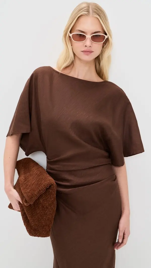 Staud Amelie Linen Midi Dress - Dark Oak | Editorialist