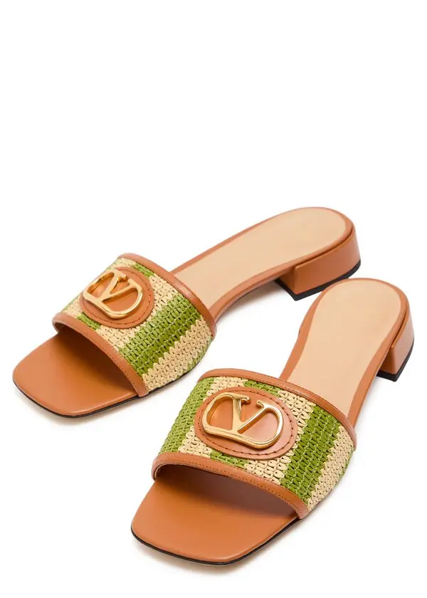 Valentino Garavani Vlogo Raffia And Leather Sliders