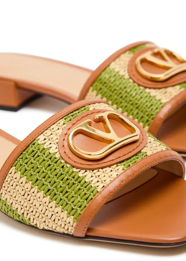 Valentino Garavani Vlogo Raffia And Leather Sliders