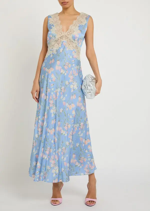 Rixo Lysandra Floral-print Satin Midi Dress - Light Blue