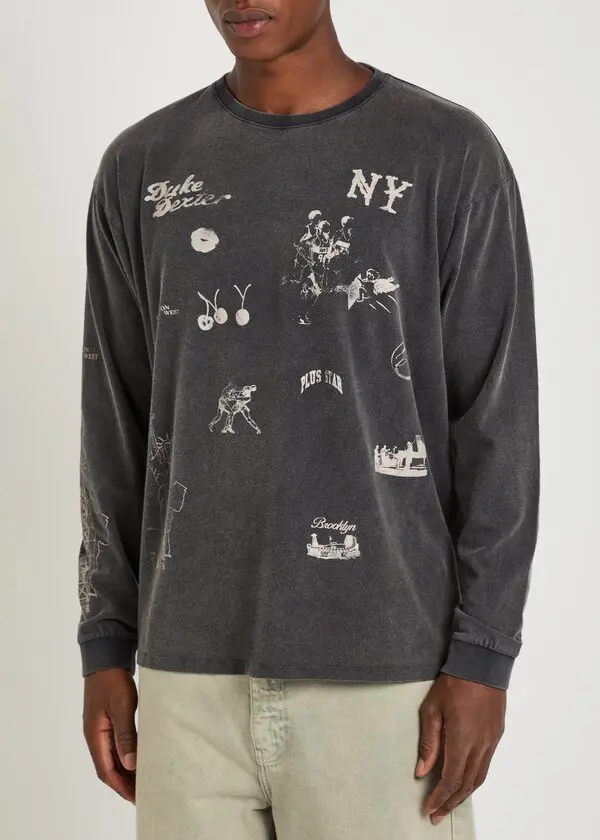 DUKE + DEXTER Sketch Printed Long Sleeve Cotton T-shirt - Grey