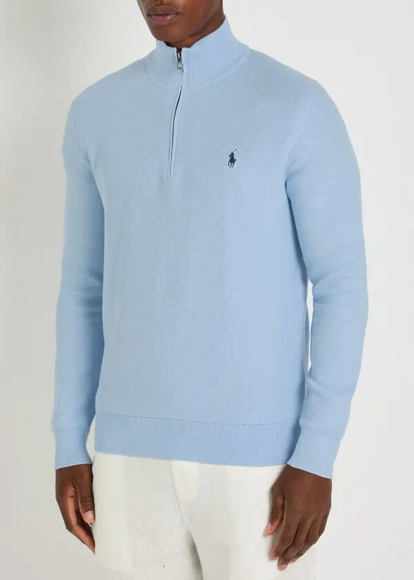Polo Ralph Lauren Logo Half-zip Cotton Jumper - Light Blue
