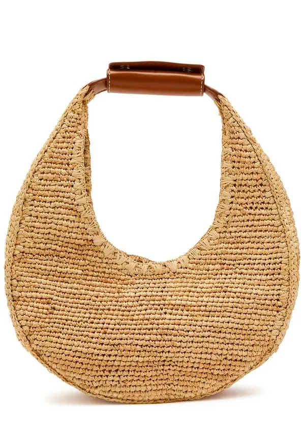 Staud Leather-trimmed Raffia Shoulder Bag