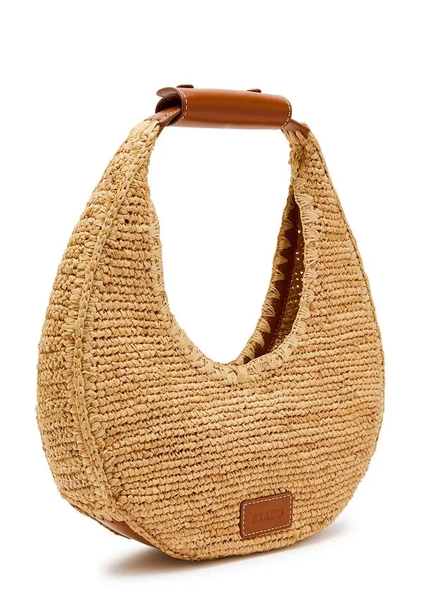 Staud Leather-trimmed Raffia Shoulder Bag
