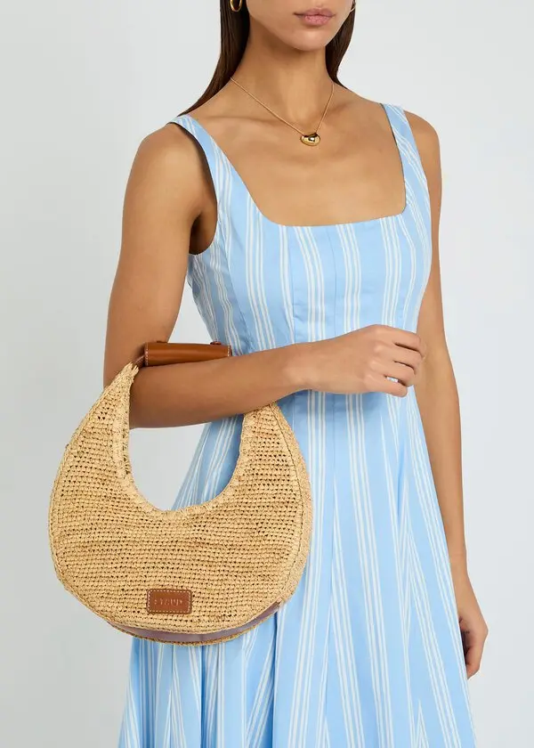 Staud Leather-trimmed Raffia Shoulder Bag