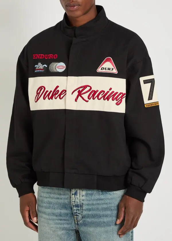 DUKE + DEXTER Racing Patchwork Appliqués Cotton Varsity Jacket