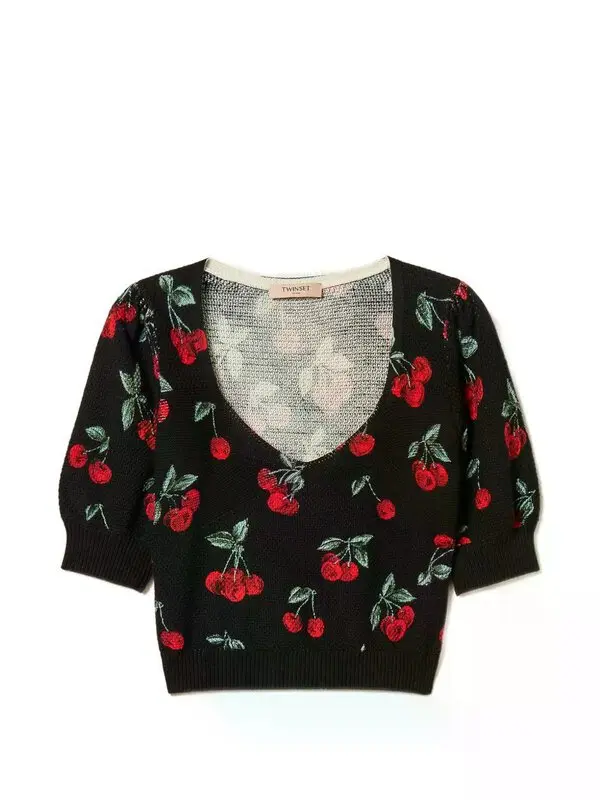 TWINSET Cherry-print Short-sleeve Sweater - Black
