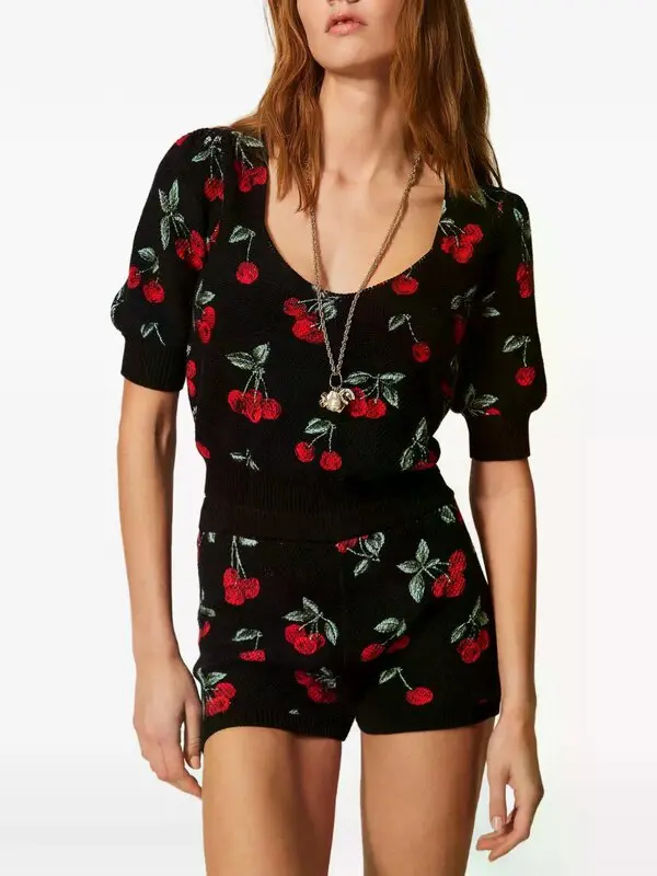 TWINSET Cherry-print Short-sleeve Sweater - Black