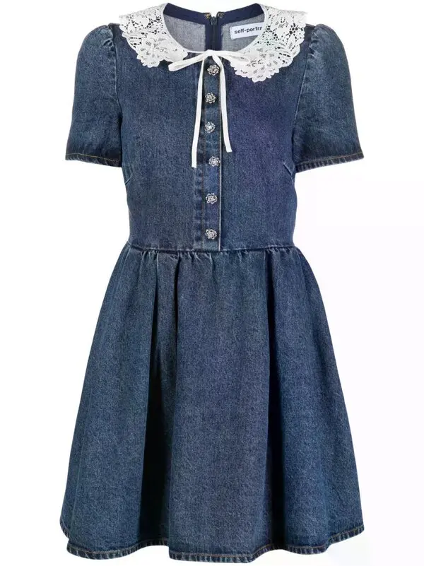 SELF-PORTRAIT Lace-trim Denim Mini Dress