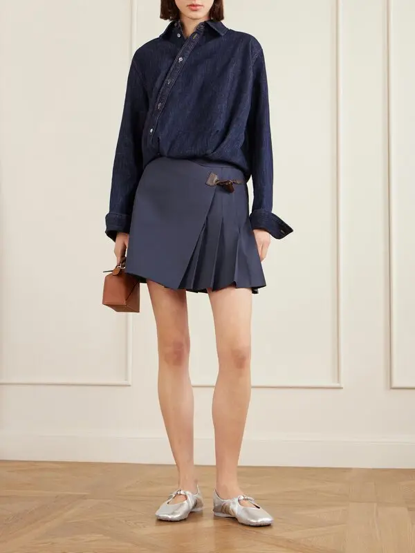 Loewe Pleated Leather-trimmed Cotton-blend Mini Skirt - Blue